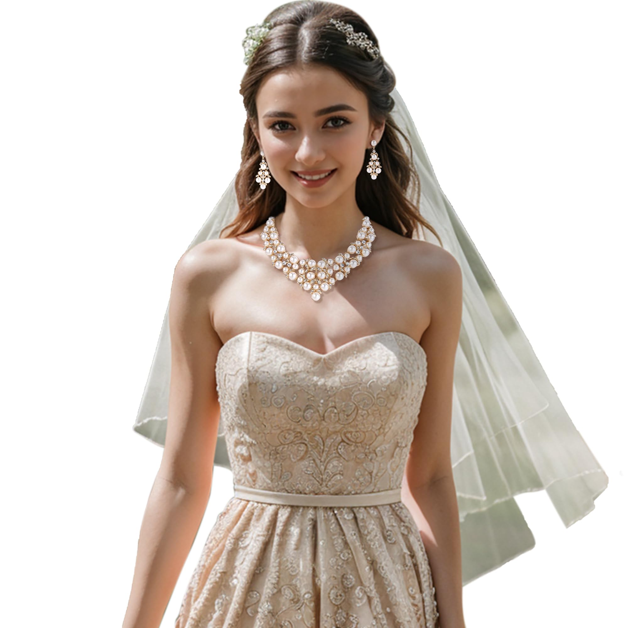 BriLove Wedding Bridal Simulated Pearl Necklace Earring Jewelry Set for Women Crystal Cluster Statement Necklace Dangle Earrings Set Clear Gold Tone.