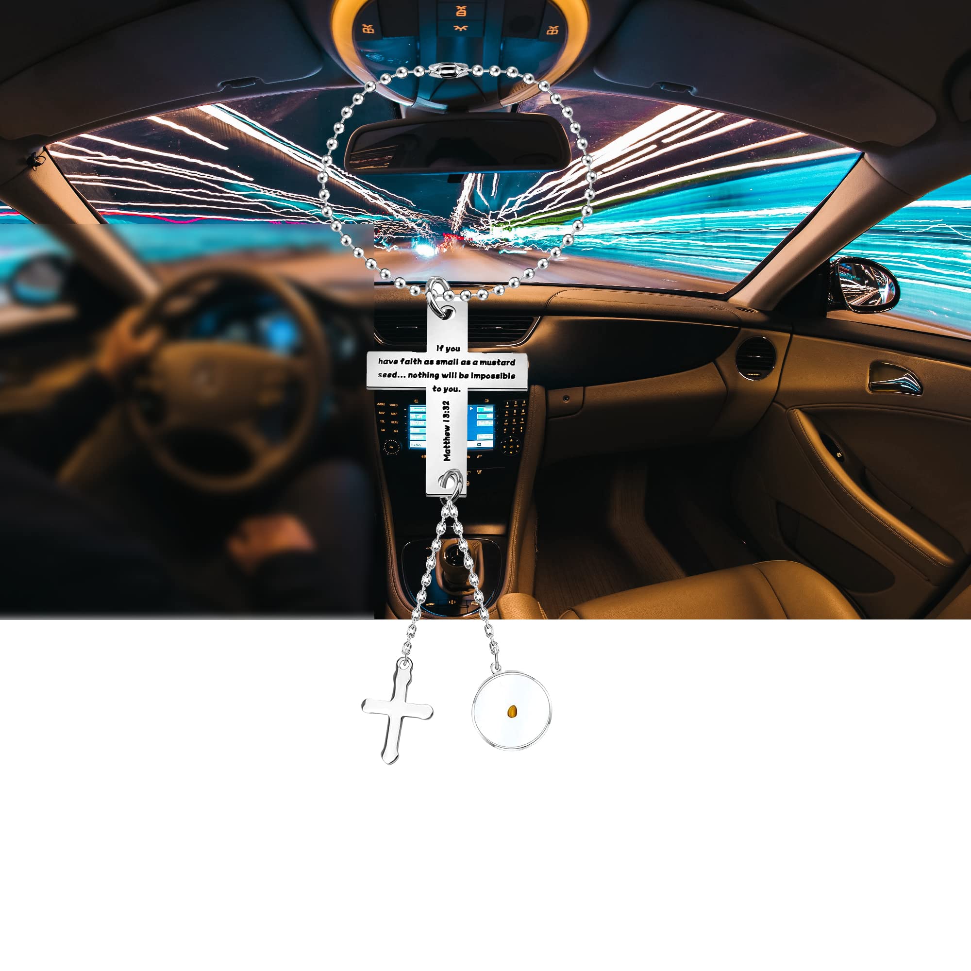 BAUNA Car Cross Hanging Ornament with Faith Real Mustard Seed Pendant Inspirational Bible Verse Car Pendant Home Vehicle Interior (Mustard Seed Pendant)
