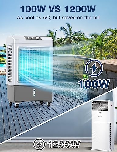 Evaporative Air Cooler, Breezewell 2100 CFM Outdoor Air Conditioner, 8 Gallon Windowless Air Conditioner for Room w/ 3 Speed, 4 Ice Pack, 4 Scroll Casters, Swamp Cooler for Outdoor Indoor Use
