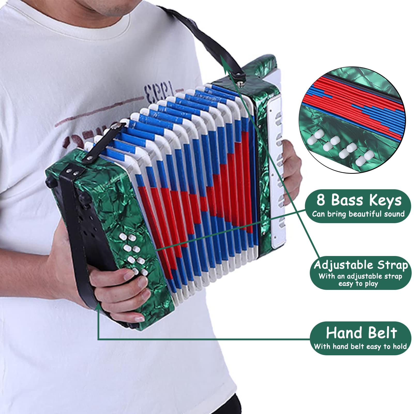 Beginner Accordion, 17 Key 8 Bass Entry Level Accordion with Adjustable Shoulder Strap Piano Accordion Instruments for Beginners Mother's Day Gift (Green)