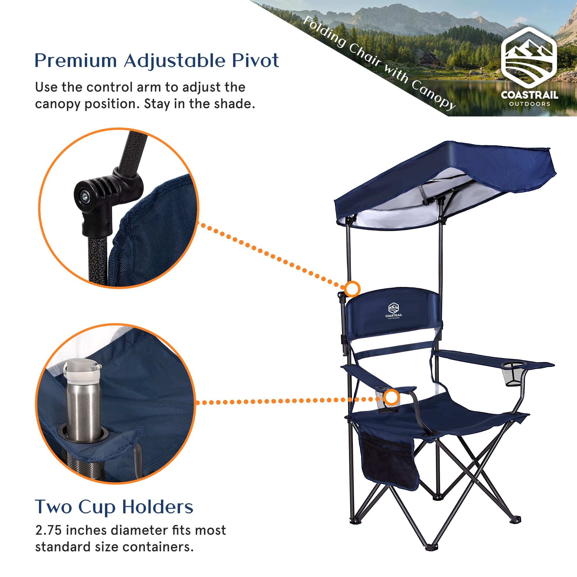 Coastrail Outdoor Canopy Camping Chair Multi-Position Adjustable Folding Shade Chair SPF 50+ Sun Protection with Cup Holder & Storage Pockets, Patio, Blue,Extra Large