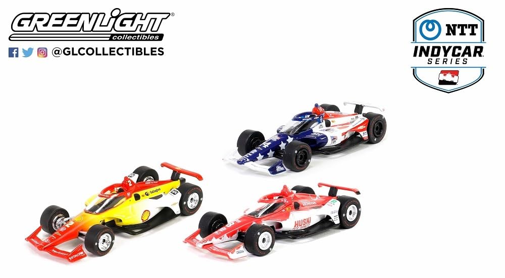 Greenlight 11581 2023 Indianapolis 500 Podium 3-Car Set #2 Josef Newgarden, 8 Marcus Ericsson, 14 Santino Ferrucci 1:64 Scale Indy 500 in Diorama Display Box