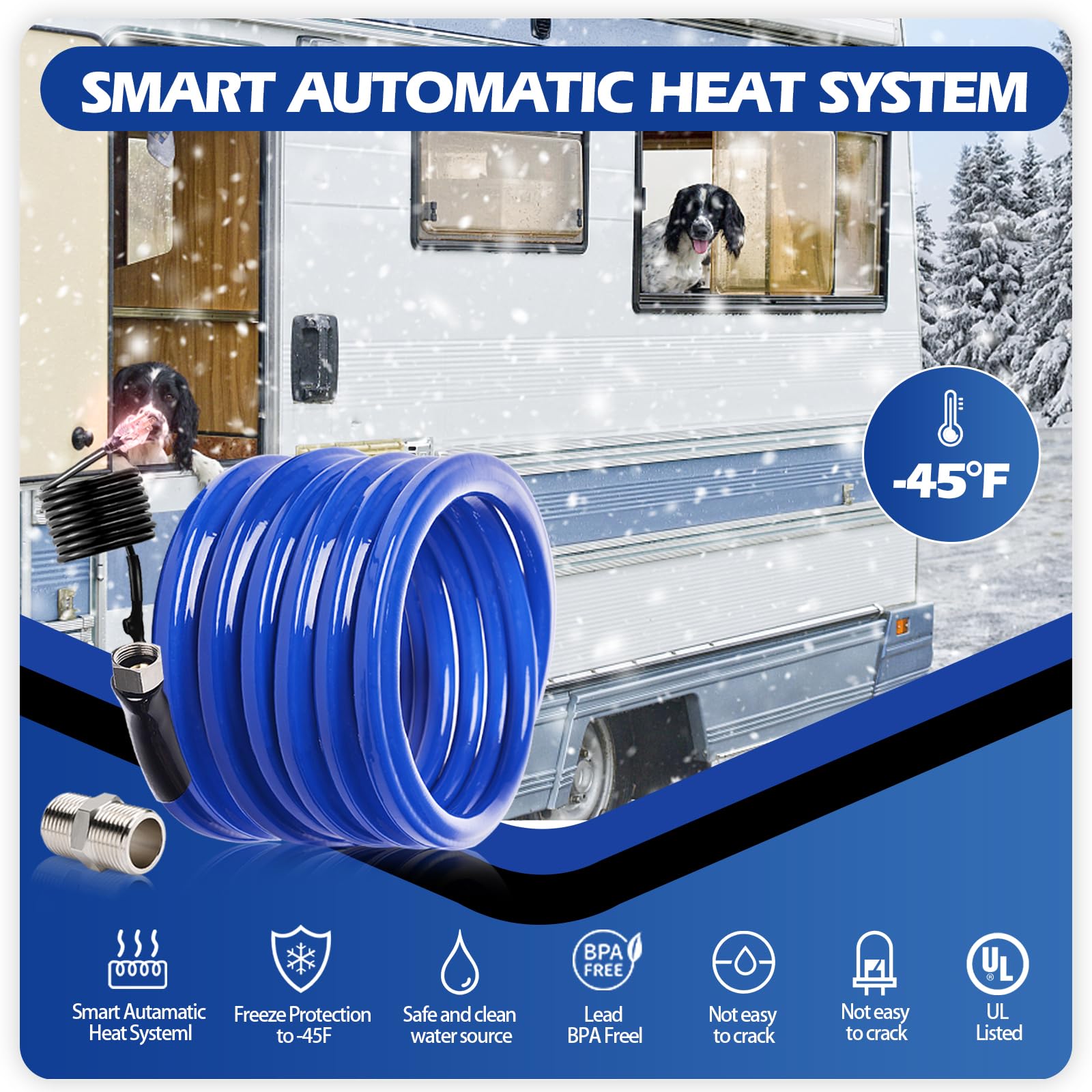 Bipeoo 15FT 30FT Heated Water Hose for Rv,-45 ℉ Antifreeze Drinking Garden Water Hose with Energy Saving Thermostat,1/2" Inner Diameter Rv Accessories-Lead and BPA Free