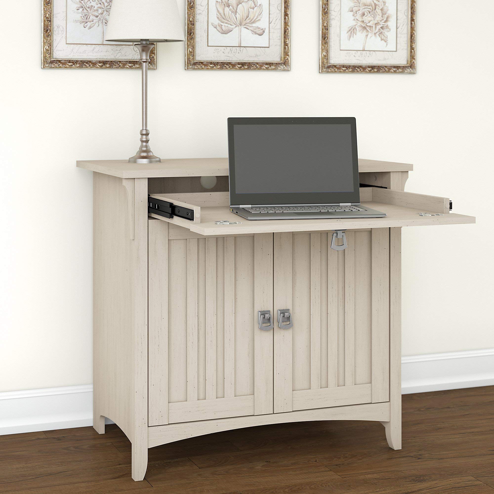 Bush Furniture Salinas Secretary Desk with Keyboard Tray and Storage Cabinet in Antique White