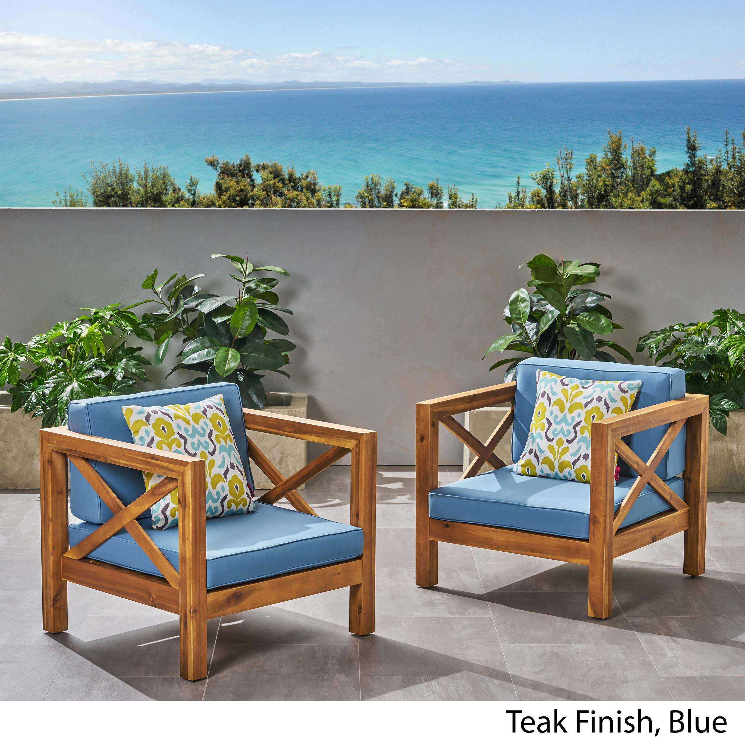 GDFStudio Outdoor Acacia Wood Club Chairs with Cushions (Set of 2), Teak Finish and Blue