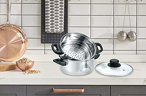 CONCORD 3 Quart Stainless Steel 3 Piece Steamer Cookware Set. Features 2 Quart Veggie Steamer and 3 Quart Cooking Pot with tempered glass lid. (INDUCTION COMPATIBLE)