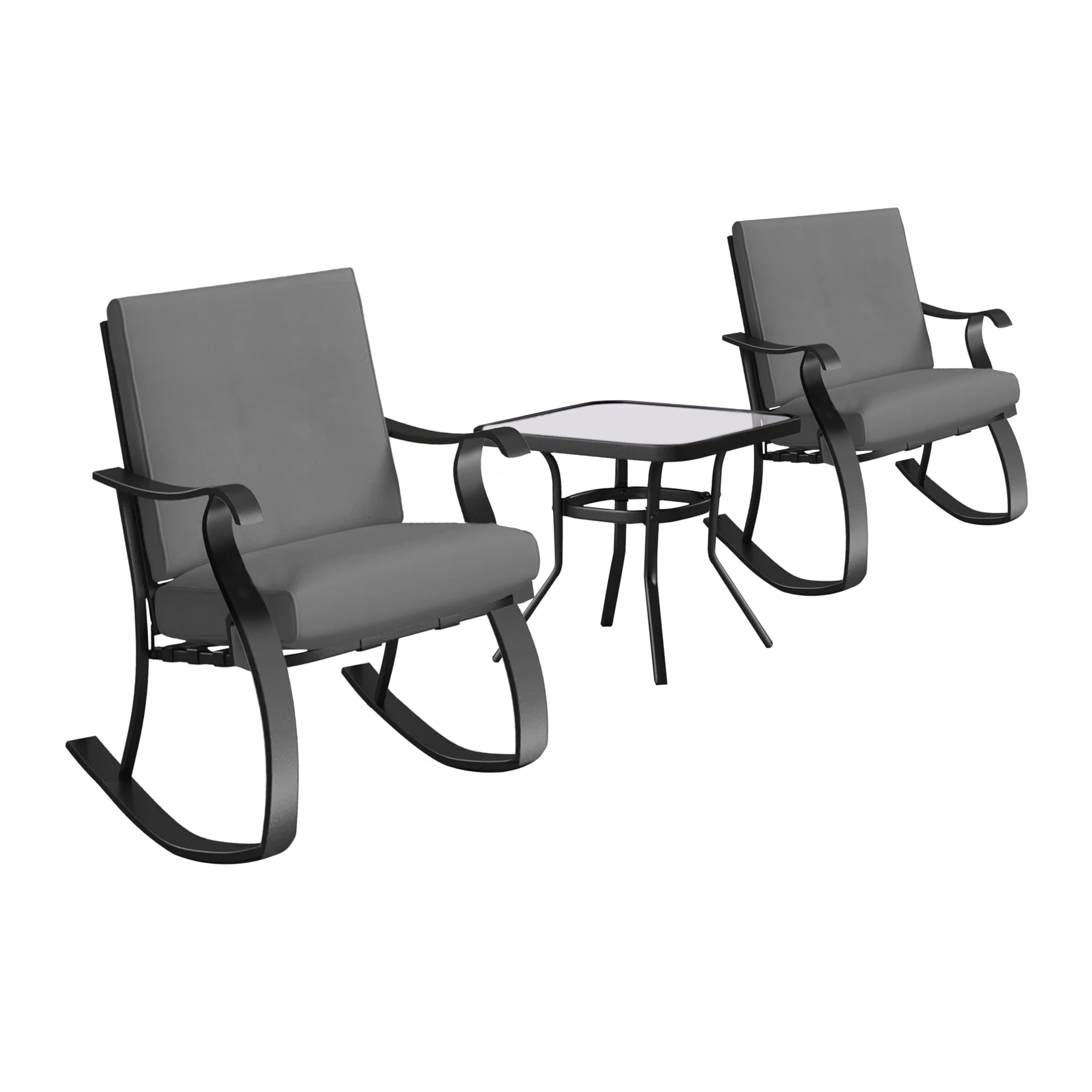 Four Seasons Courtyard Gramercy 3 Piece Cushioned Rocking Chairs Outdoor Backyard Patio Furniture Bistro Set with Square Side Table, Charcoal Gray