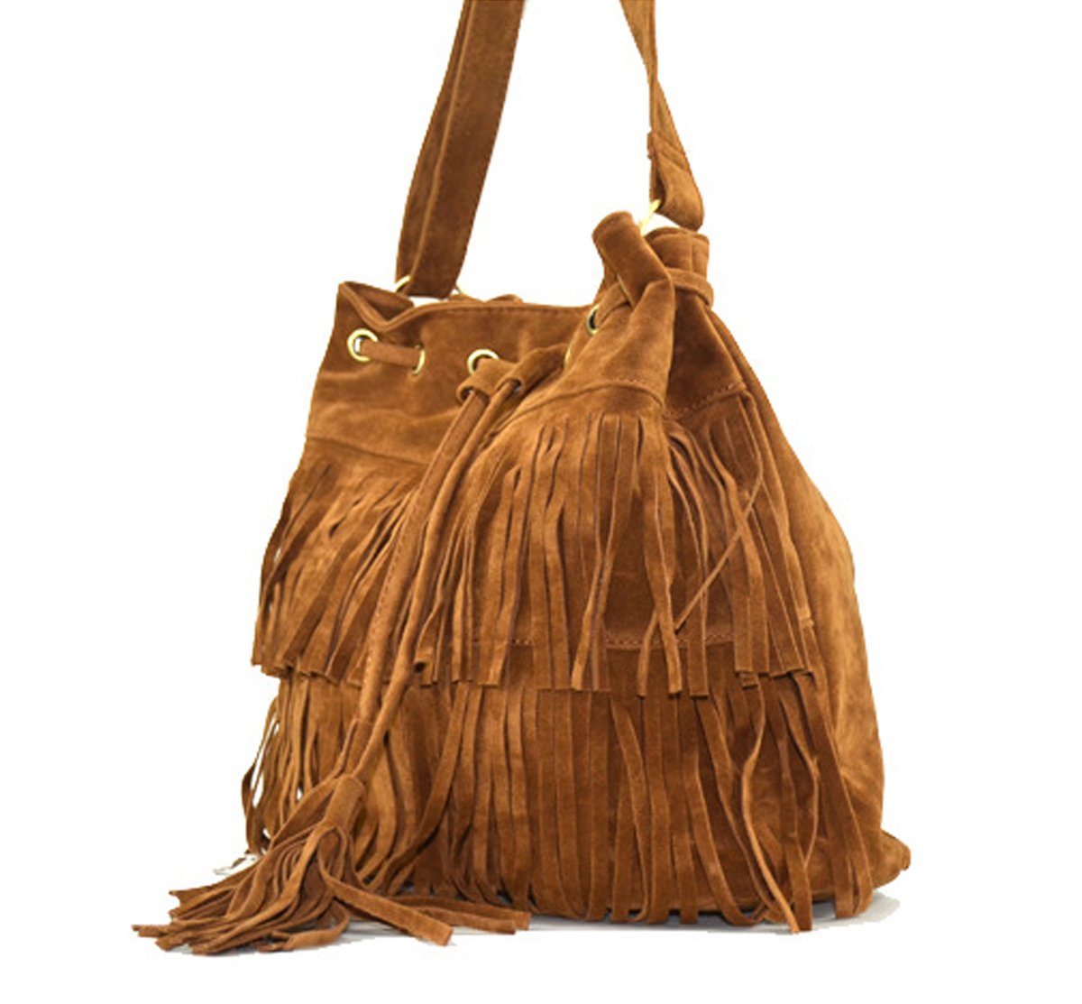 Heidi Bag Women's Fringed Bucket Purse Tassel Faux Suede Shoulder Bag Ring Top-Handle Crossbody Bag (brown)