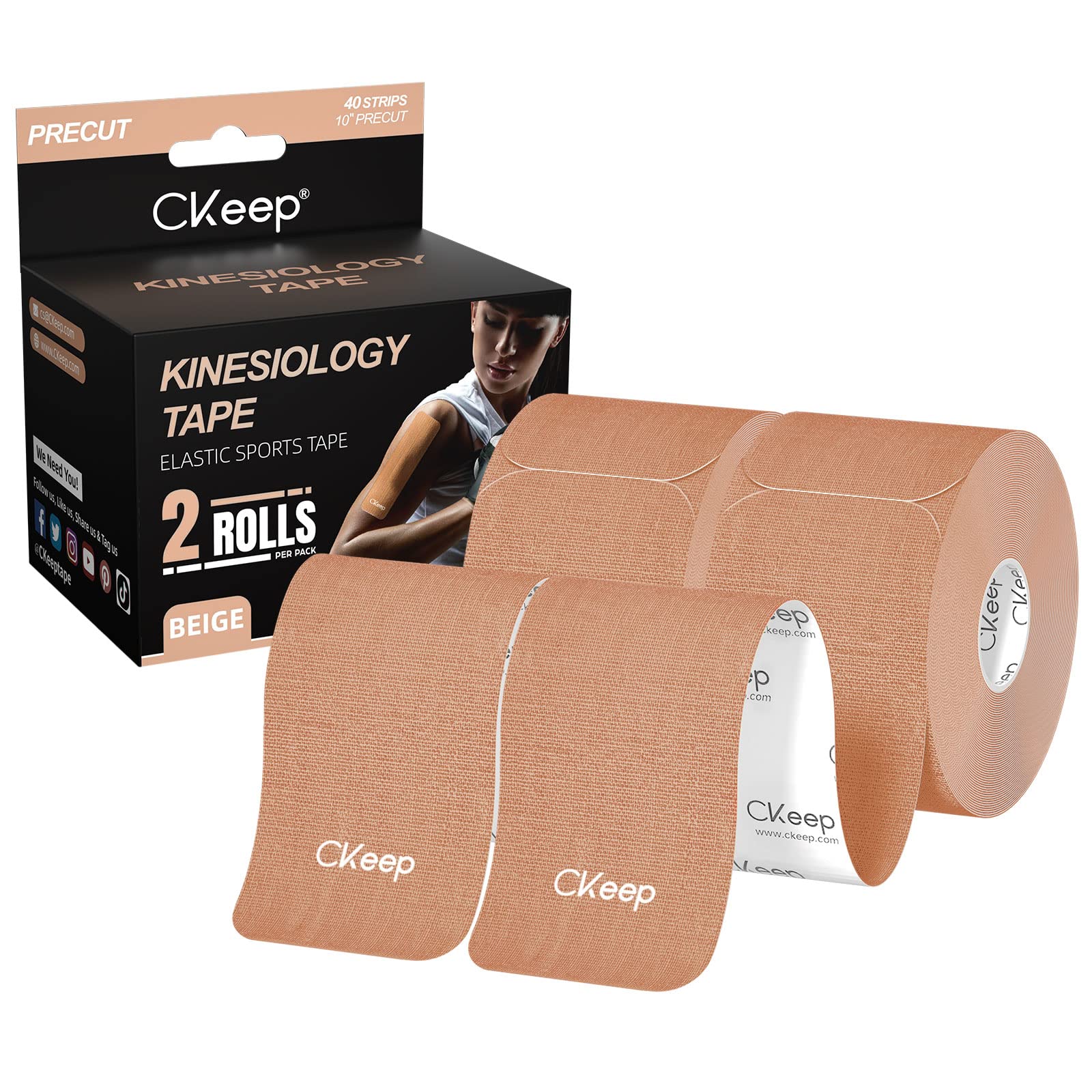CKeep Begie Precut Kinesiology Tape and White Athletic Tape,Sport Tape for Strains and Sprains, Hypoallergenic and Breathable