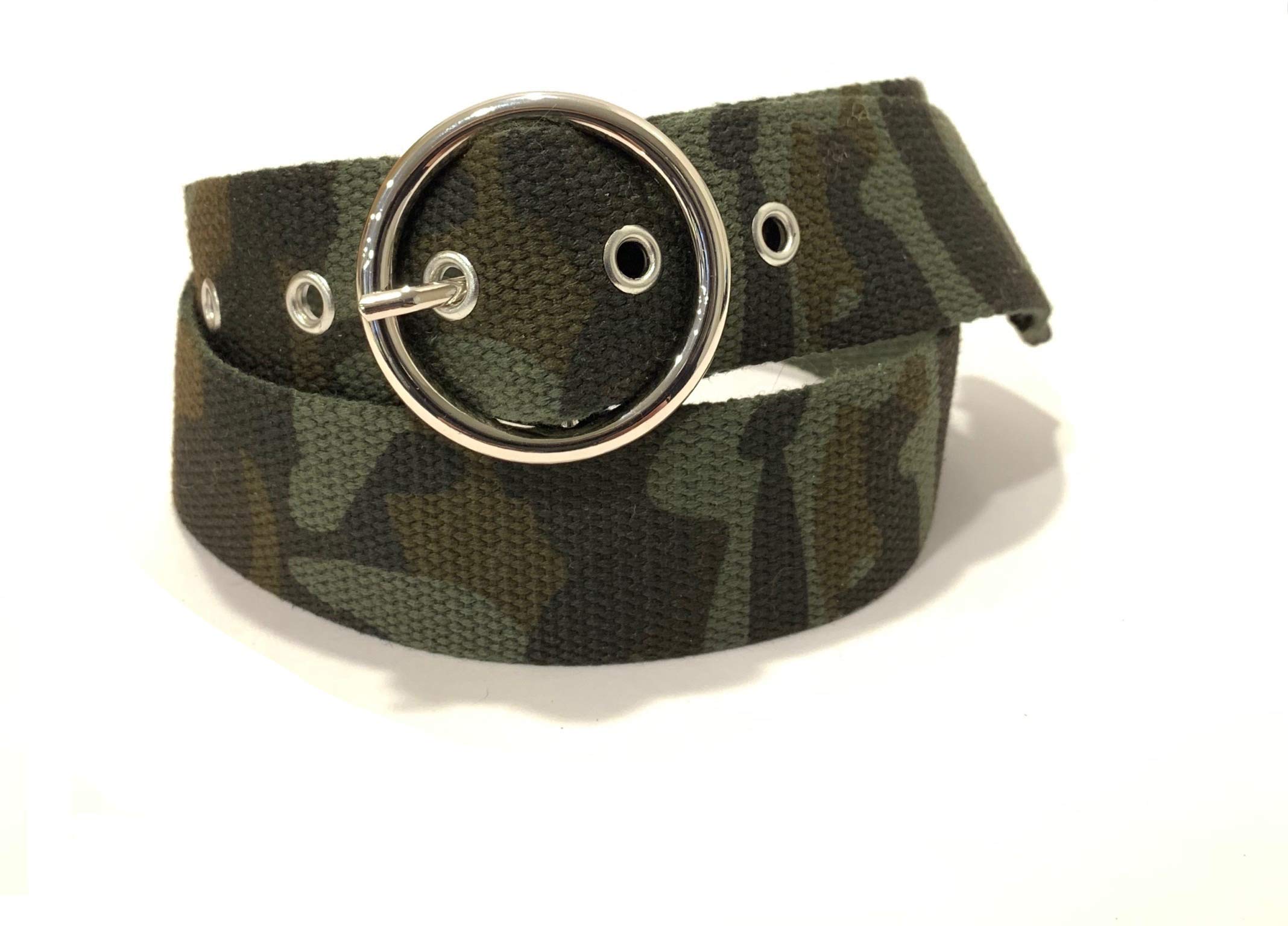 Camoflauge Web Belt | Green Camo or Blue and Navy Camo | Cotton Webbing Belt for Women | Canvas Belt with Silver Circle Buckle