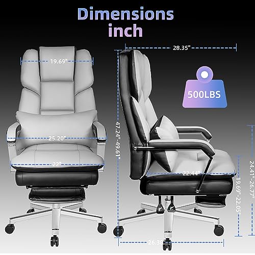 SeekFancy Reclining Office Chair with Footrest, Big and Tall Office Chair 500lbs Wide Seat with 170°Backrest, High Back Leather Managerial Chair Lumbar Support,Grey Executive Office Chair Set of 8