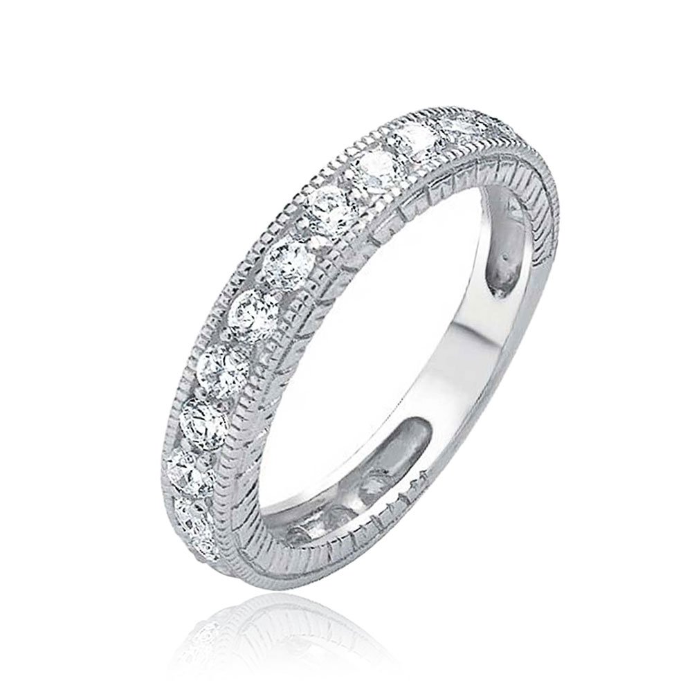 Bling Jewelry Pave AAA CZ Cubic Zirconia Thin Anniversary Wedding Band Ring For Women Etched Milgrain .925 Sterling Silver