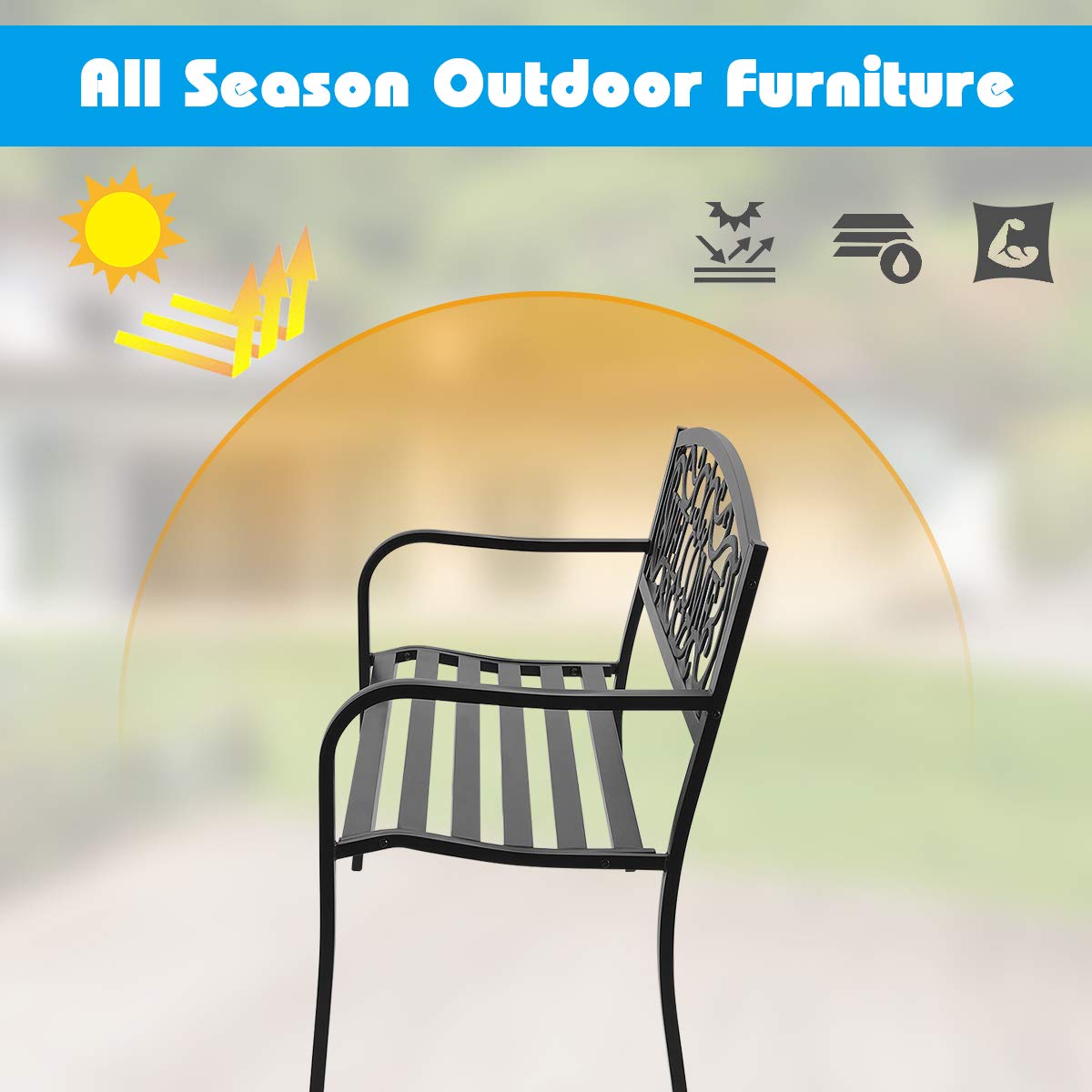 Giantex Garden Bench, Antique Metal Outside Bench w/Warm Welcome Pattern, Elegant Bronze Finish and Durable Iron Frame for Park Yard Porch Chair (Black)