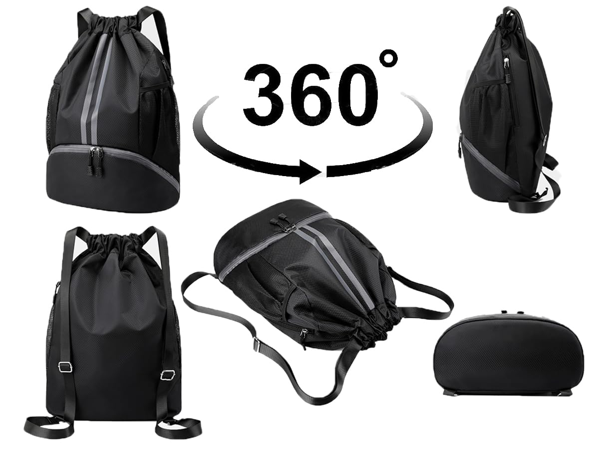 BRILISLE Drawstring Backpack Water-Resistant Sports Gym Bag for Women & Men with Shoes Compartment and Wet-Proof Pocket blkblu