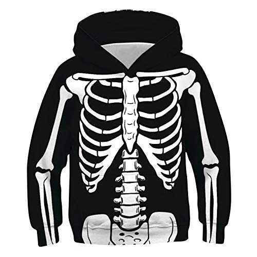 Enlifety Young Kids Scary Skeleton Sweatshirts Boys Girls Long Sleeve Skull Hoodies Halloween Costume Pullover Hoody with Pocket for Winter Fall Size 8 9 10 11