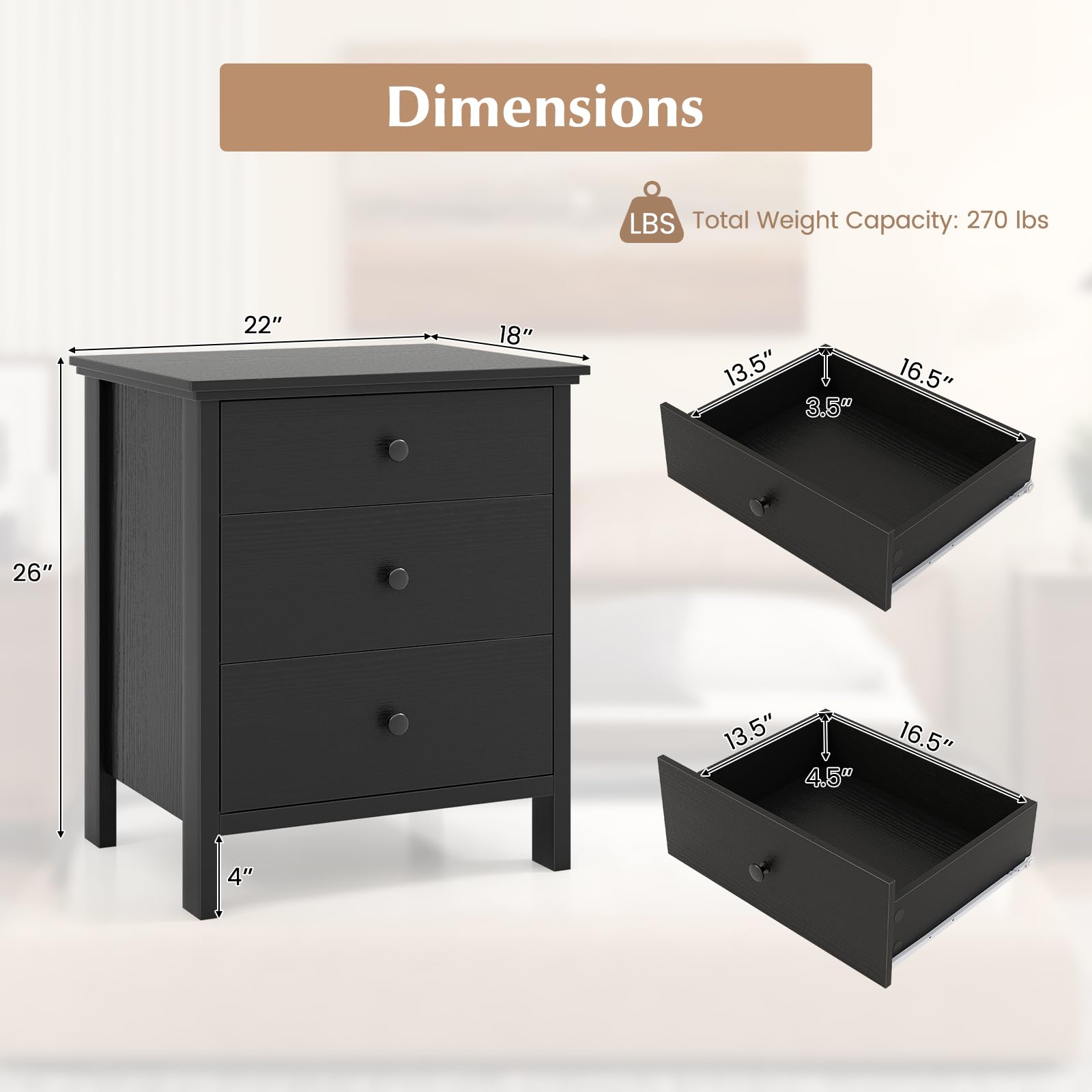 Giantex Nightstand with 3 Drawers Set of 2, Wooden Side End Table with Solid Wood Legs, Retro 3-Drawer Bedside Table Night Stand for Bedroom Home Office Small Space, Easy Assembly, White