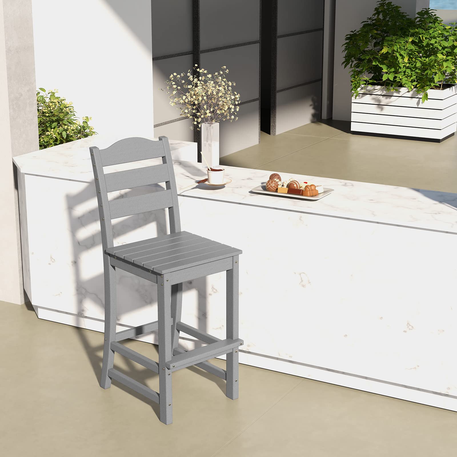 Giantex Outdoor HDPE Bar Stool, Patio Tall Bar Chair with Backrest and Footrest, 30 Inches Counter Height Barstools for Garden, Backyard, Weather Resistance, Easy Maintenance (2)