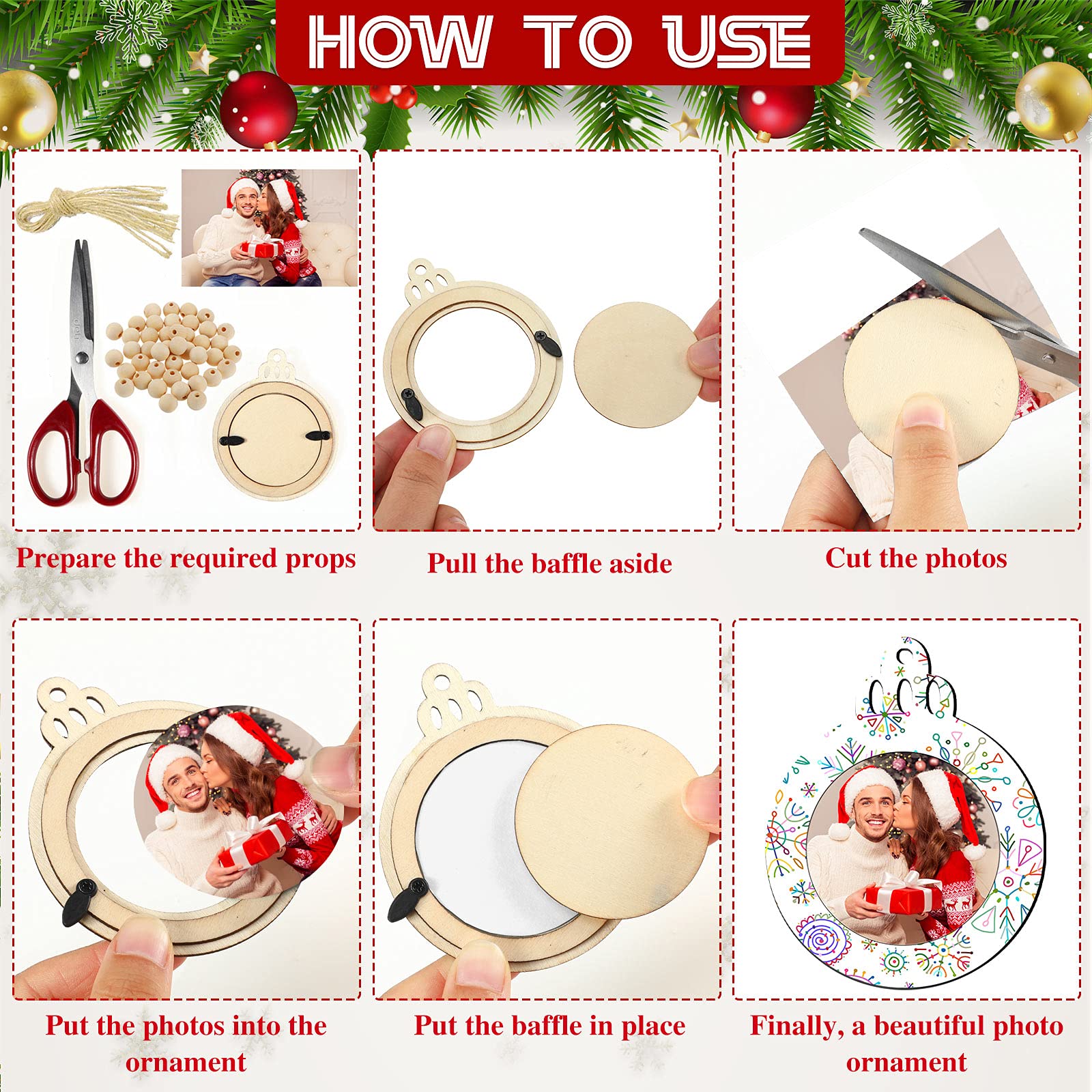 Blulu 24 Pcs Wooden Photo Frame Ornaments - Red Black Plaid Hanging Ornaments for Christmas Tree Stockings Decorations