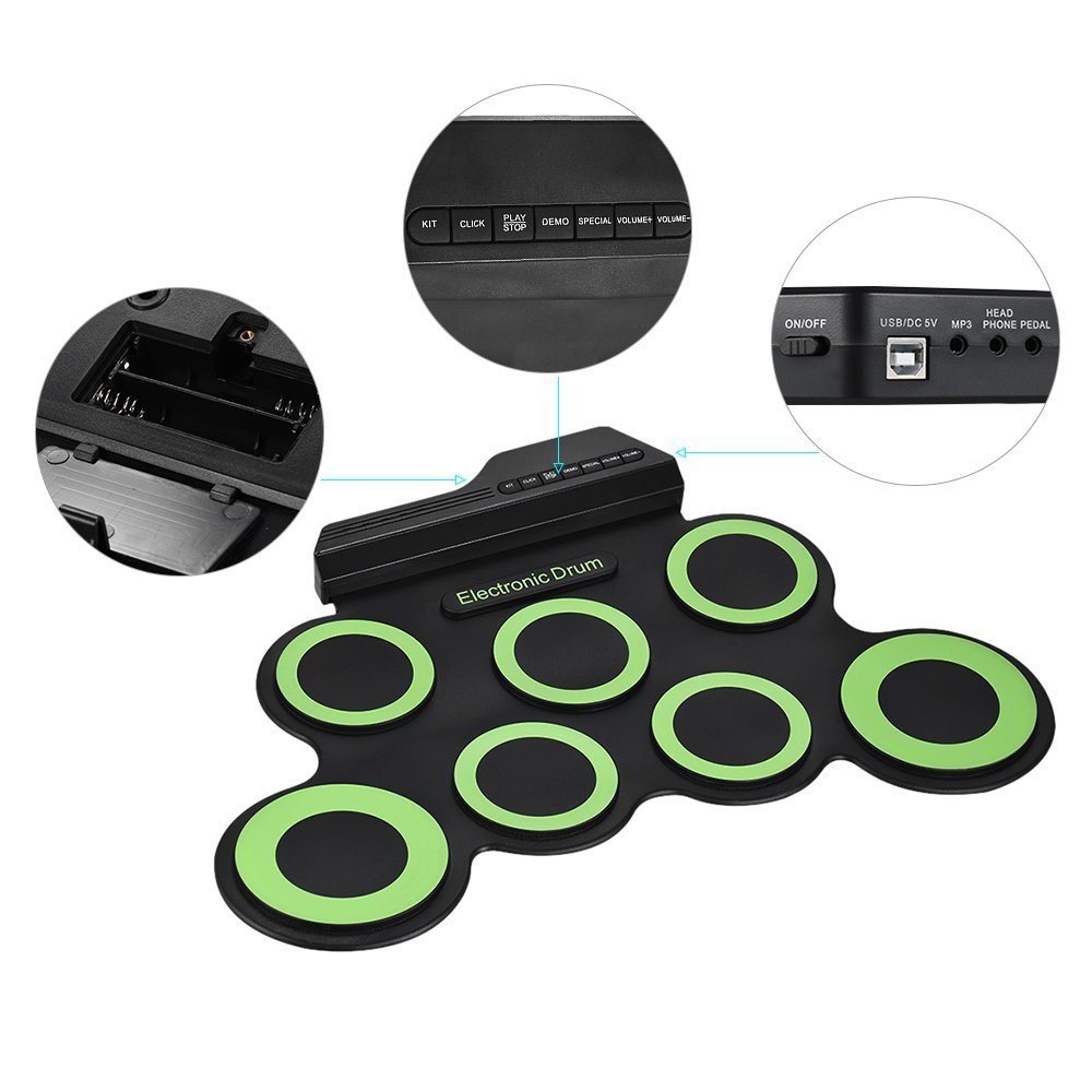 LokFy Electronic Drum Set Roll Up Drum Pad Portable, with Headphone Jack, Foot Pedals and Drum Sticks, Gift for Beginner (Green)
