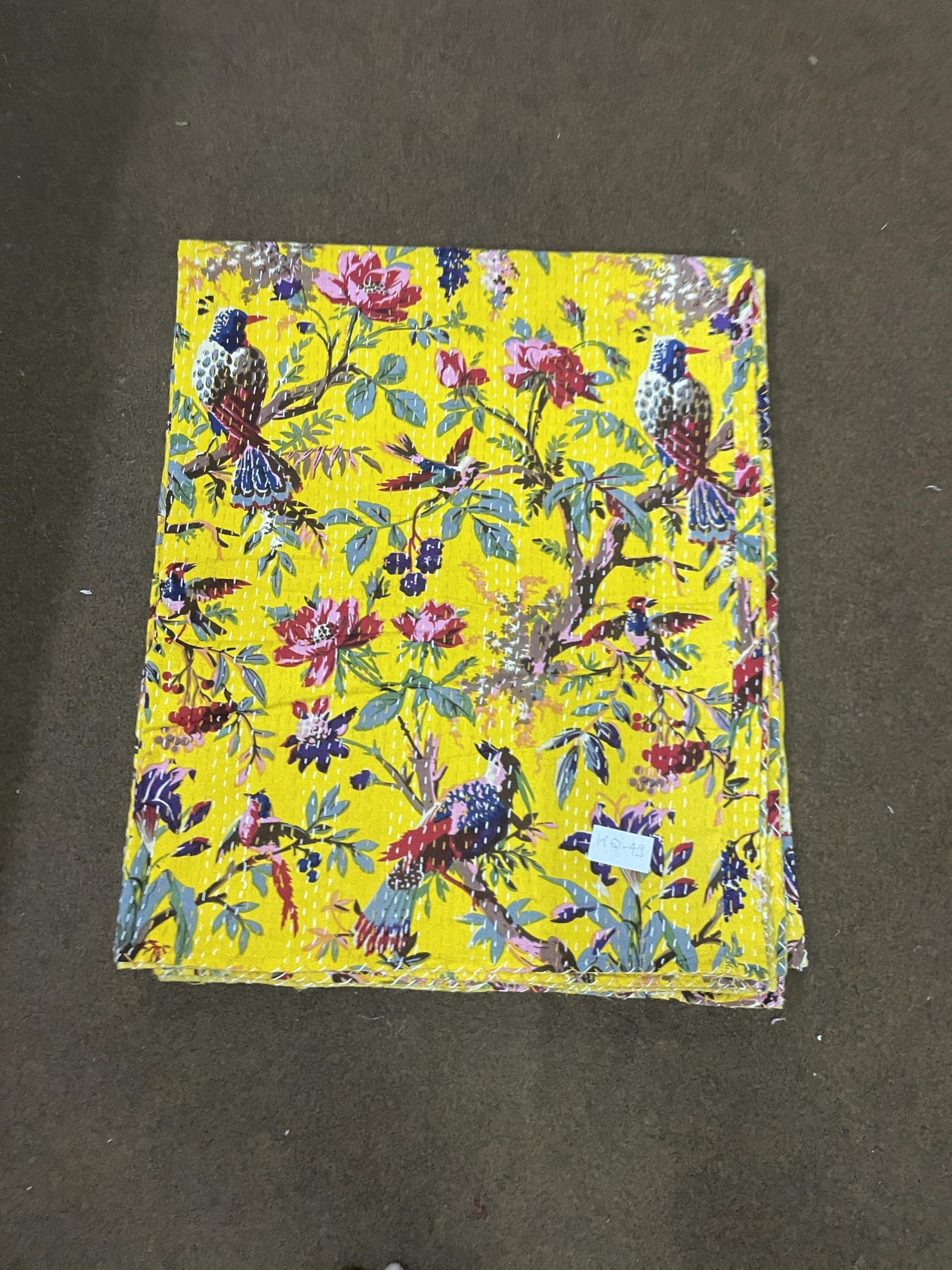 Birds Print Indian Cotton Hand Stitched Kantha Quilt Bedding Throw Bedcover Queen Size Blanket Home Decorative Gudari Bedspread KQ-49