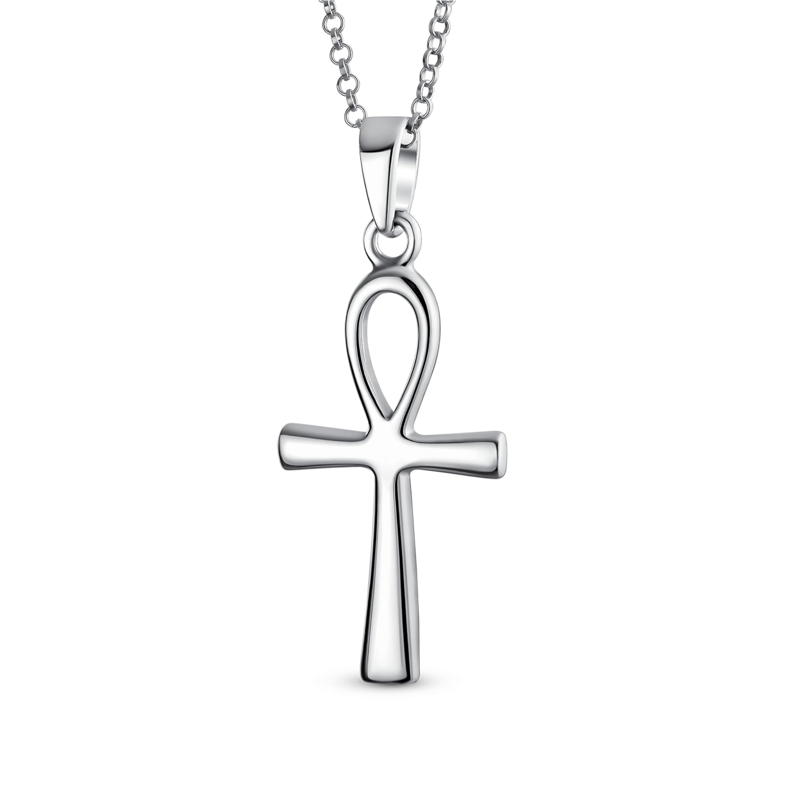 Bling Jewelry Unisex Large Religious Key To Life Egyptian Ankh Cross Pendant Necklace For Women Men Teens Polished .925 Sterling Silver