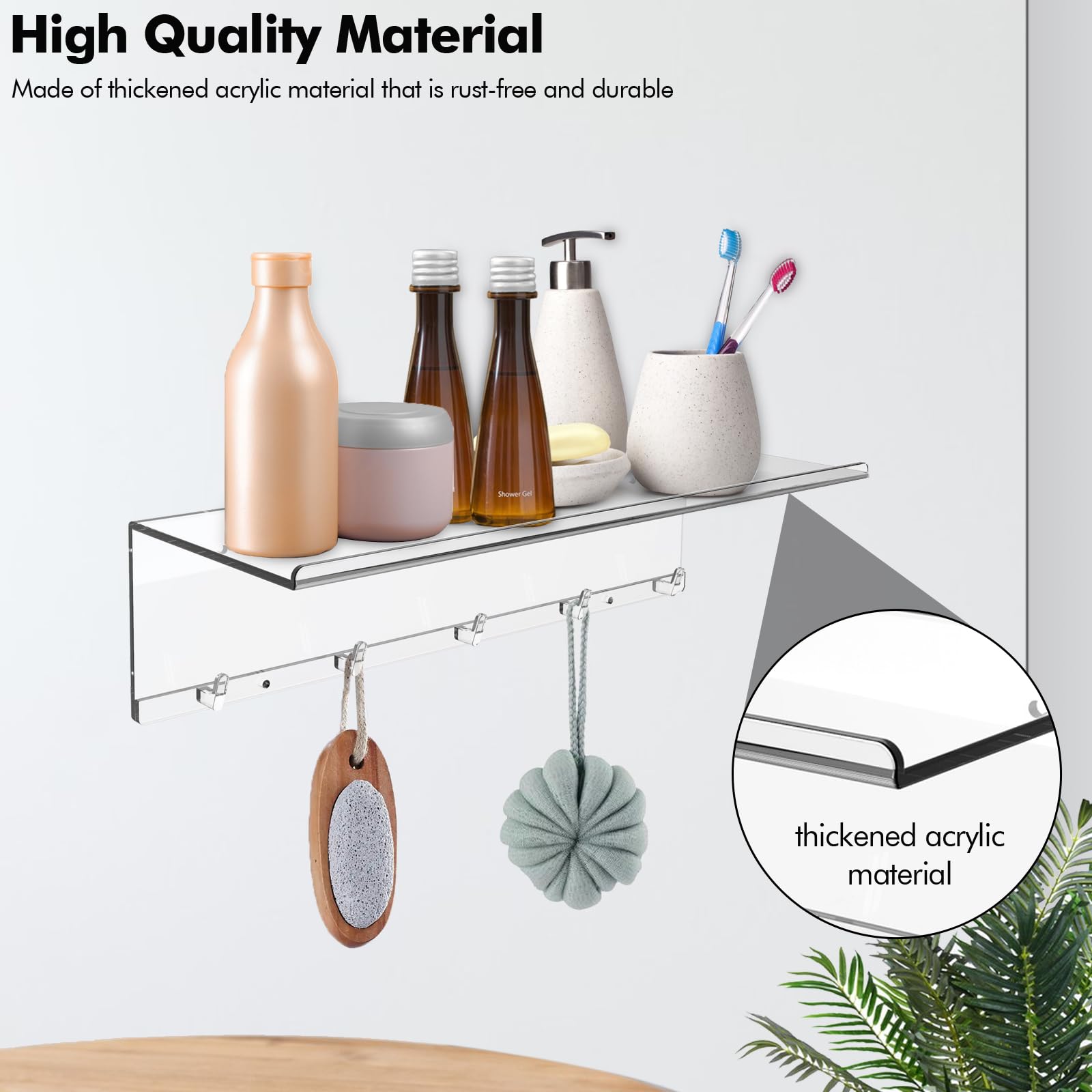 Dalanpa 4 Pack Acrylic Floating Shelves, Wall Mounted Shelf with Removable Hooks, Clear Floating Shelves for Bathroom, Kitchen, Bedroom, Living Room (Transparent)