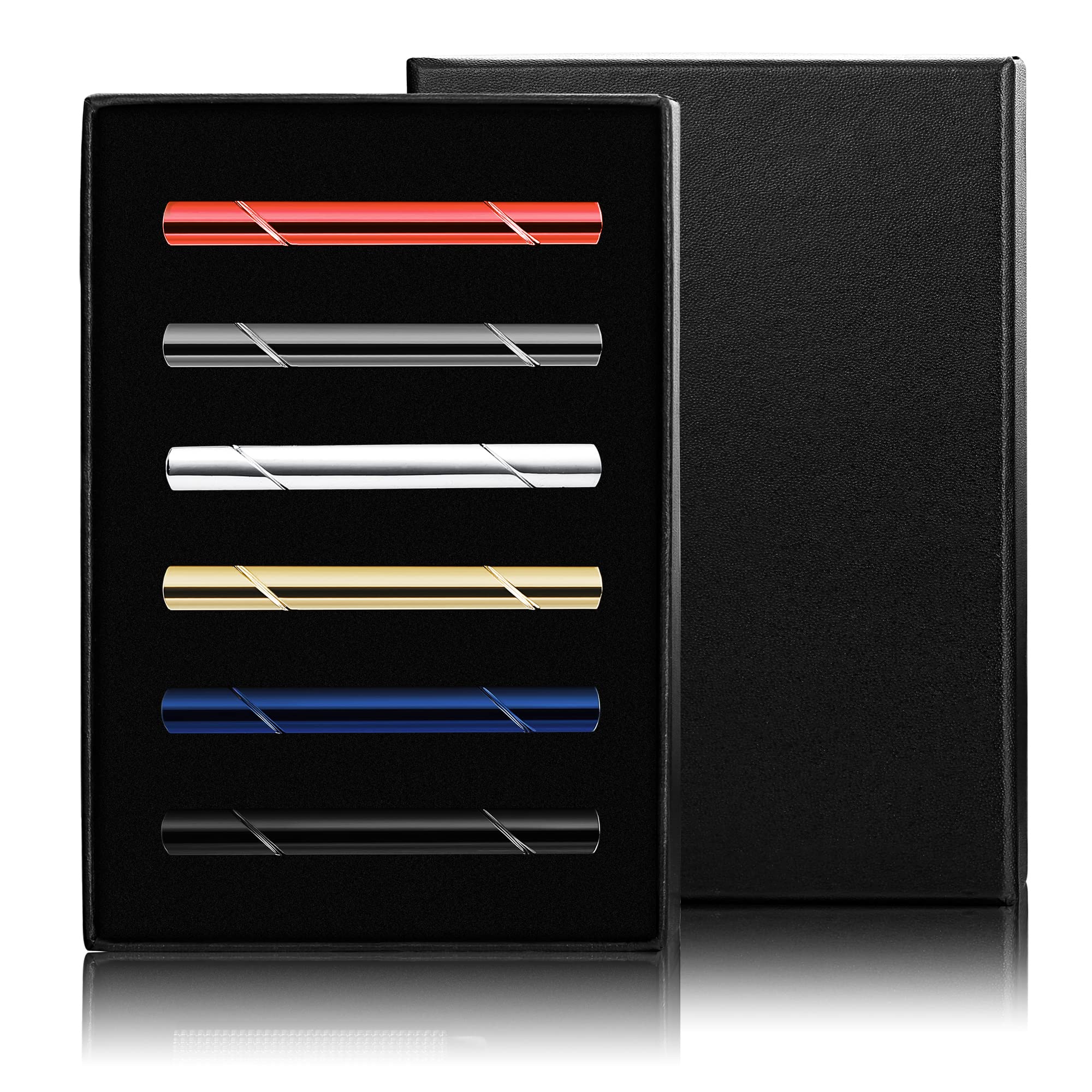CASSIECA 6 Pcs Tie Clips for Men Classic Tie Bar Set for Regular Ties Necktie Wedding Business Clips with Gift Box