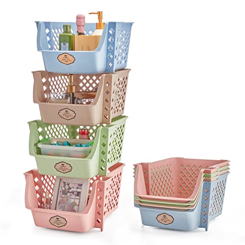Titan Mall Stackable Storage Bins set of 4 Plastic Storage Bins, Organizers for Food, Snacks, Bottles, Toiletries, Blue-Green-Pink-Khaki Color Storage Containers Stacking Baskets ( Made in USA )