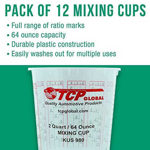 Custom Shop - Pack of 12-64 Ounce Graduated Paint Mixing Cups (2 Quarts) - Cups Have Calibrated Mixing Ratios on Side of Cup - Cups Hold 80-Fluid Ounces