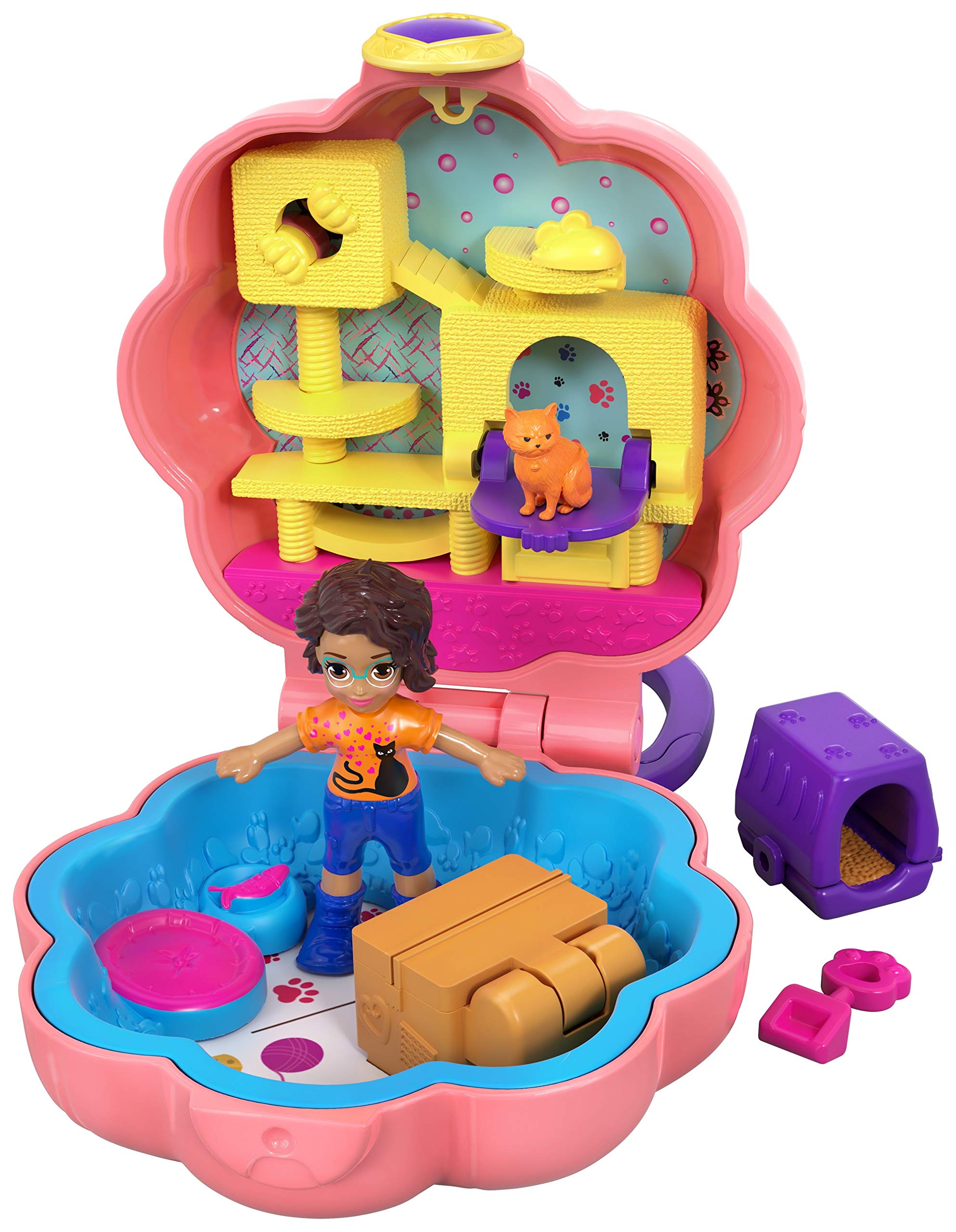 Polly Pocket Tiny Pocket Places Purrfect Playhouse Compact with 2 Reveals, Accessories, Micro Shani Doll, Captain Cobblywobbles Pet & Sticker Sheet