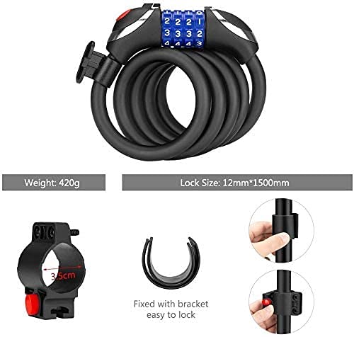 Bicycle Lock, with LED Night Light Lighting, Combination Lock, Mountain Bike Steel Cable Lock, 120cm / 12mm