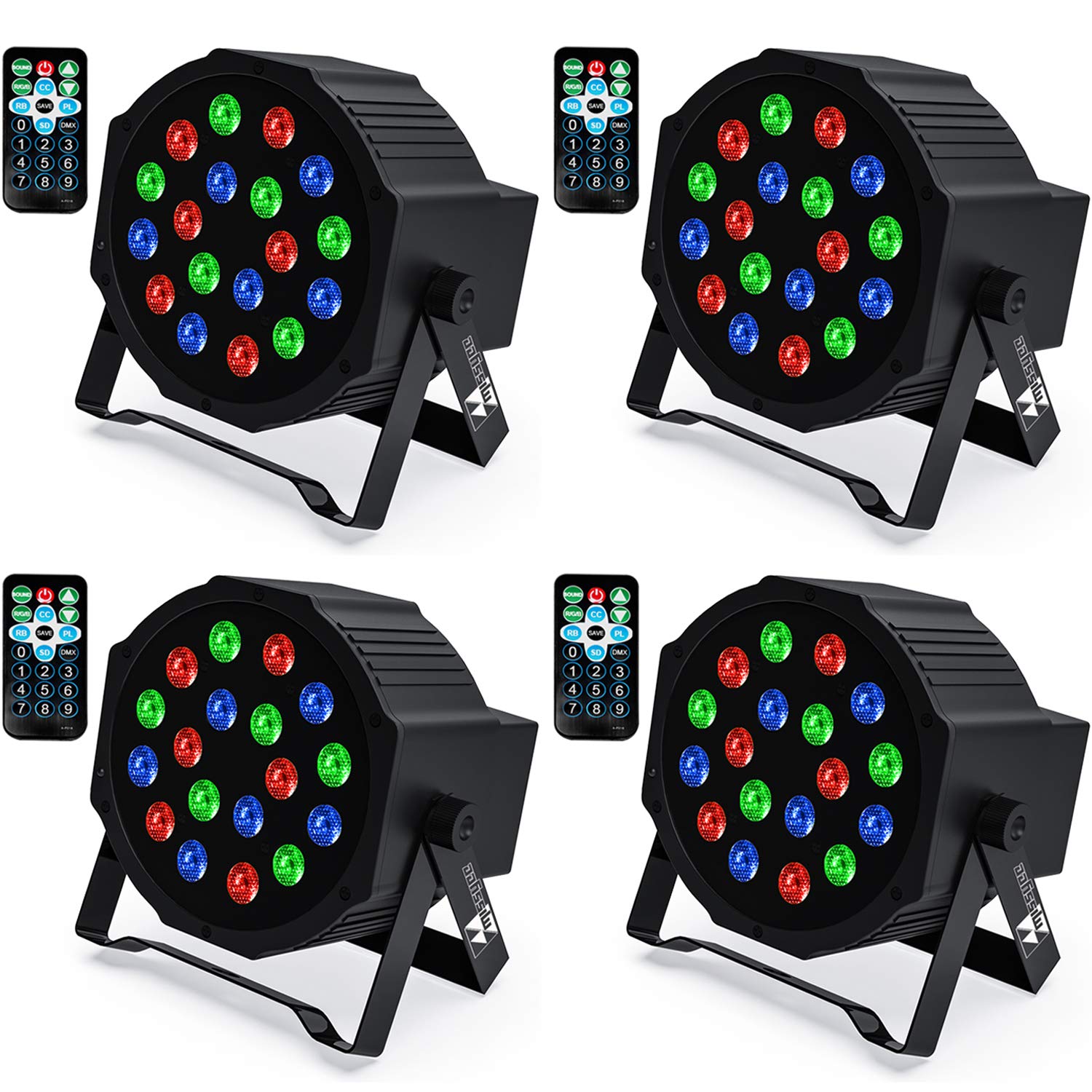 Missyee 18 RGB LED DJ Stage Uplight -DMX Control Sound Activated with Remote Control and 7 Modes LED for Wedding, Events, Christmas and Halloween Music Disco Party -R&D in USA -4 Pack