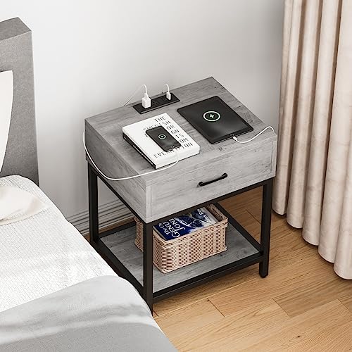 GAOMON Set of 2 Grey Nightstands with Charging Station End Side Table with Storage Drawer and Shelf, Modern Night Stand Bedside Table for Bedroom Living Room, Nursery, Dorm