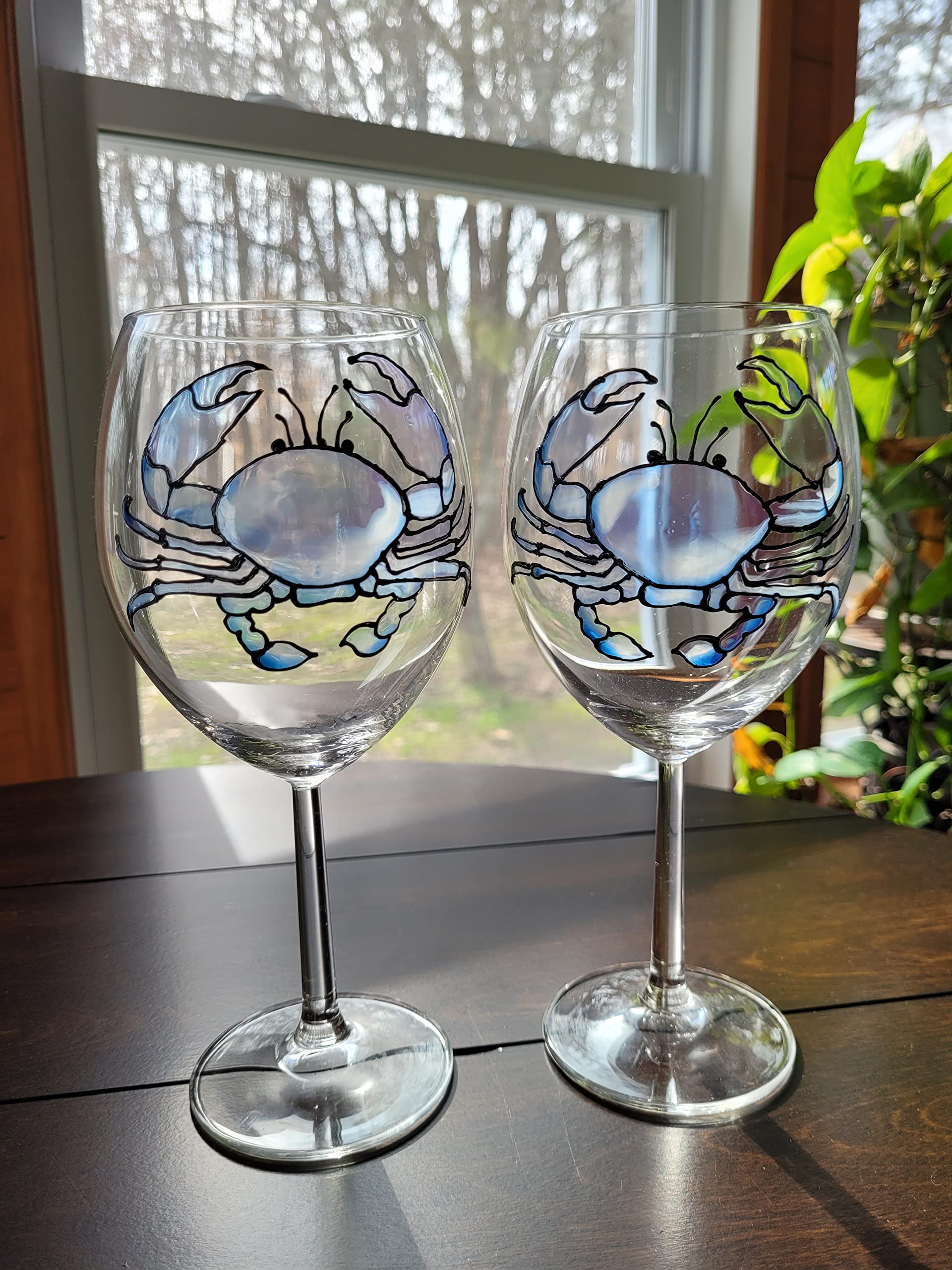 Blue Crab Hand Painted Stained Glass Stemmed Wine Glasses Set of 2