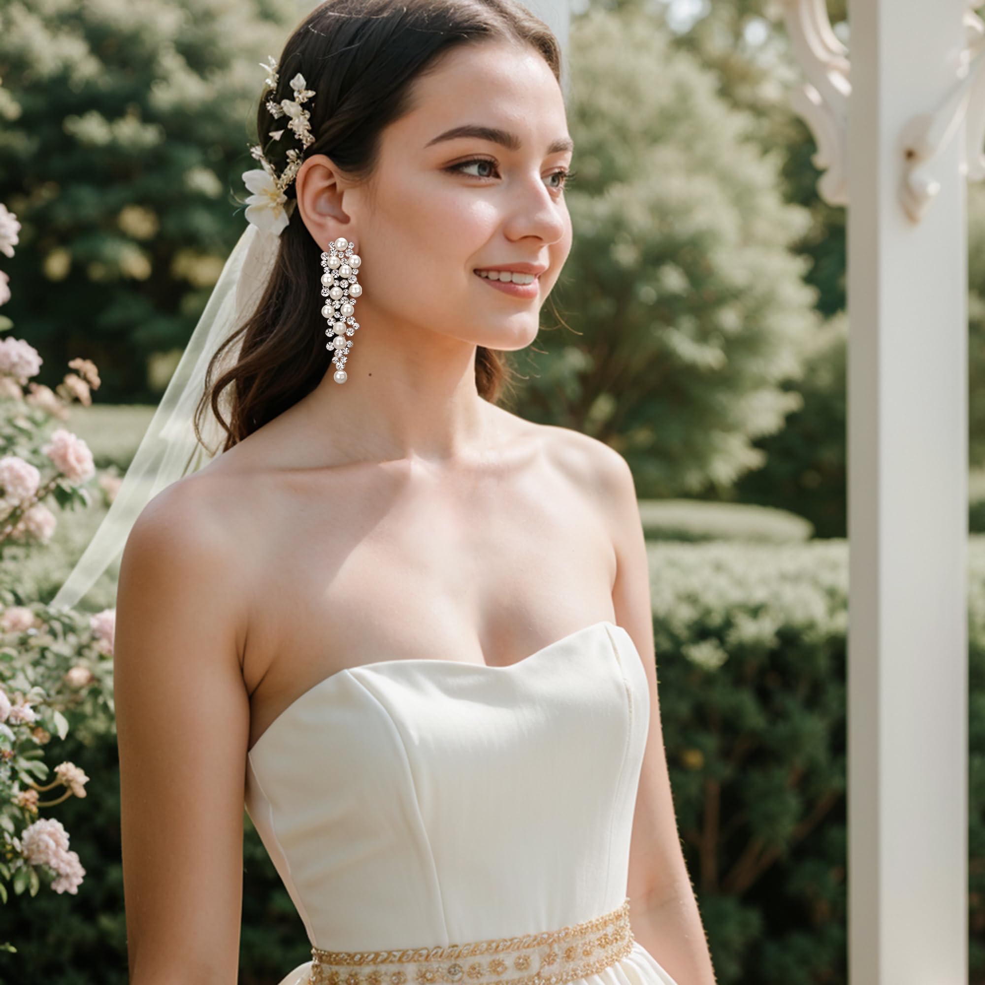 BriLove Wedding Bridal Simulated Pearl Earrings for Women Crystal Chandelier Multi Beaded Cluster Dangle Earrings Ivory Color Silver-Tone