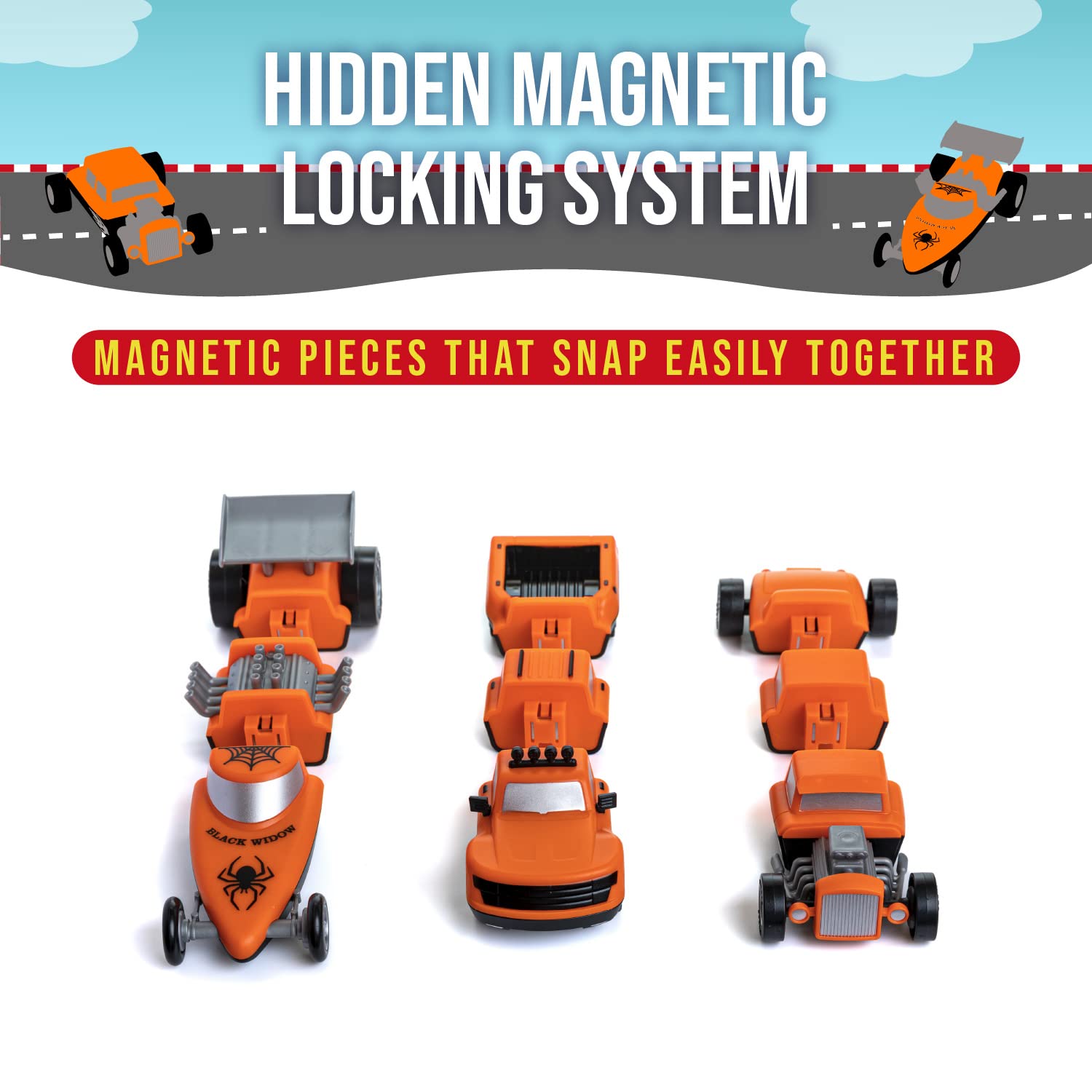 Mix or Match Vehicles, Magnetic Toy Play Set, Race Cars