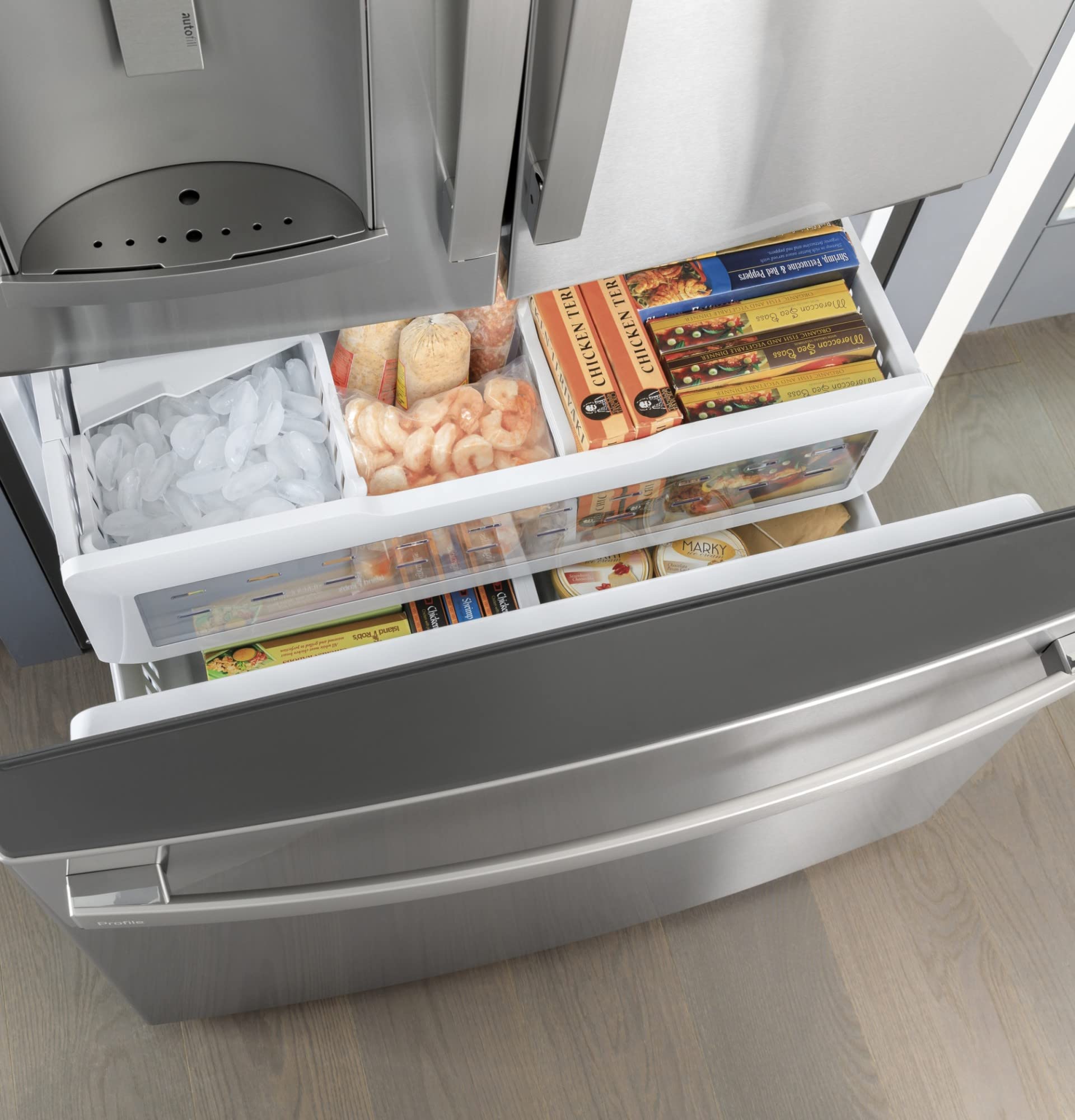 GE PROFILE PYE22KYNFS 36" Counter-Depth Bottom Freezer with French Door Twin Chill Evaporator Quick Space Shelf and LED Lighting in Fingerprint Resistant Stainless Steel