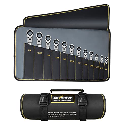 Enventor 180° Flex Head Ratcheting Wrench Set, 12 Pieces SAE 1/4-7/8", CRV Steel, 72-Teeth, 12-Point Combination Ratchet Wrenches Set with Rolling Pouch