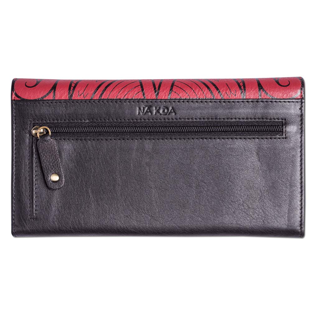 Polynesian Tattoo Leather Women’s Clutch Wallet “Ikaika” Tattoo art by Eugene Taase (Red) from NAKOA