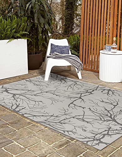 Unique Loom Outdoor Botanical Collection Area Rug - Branch (7' 1" x 10' Rectangle, Light Gray/ Gray)