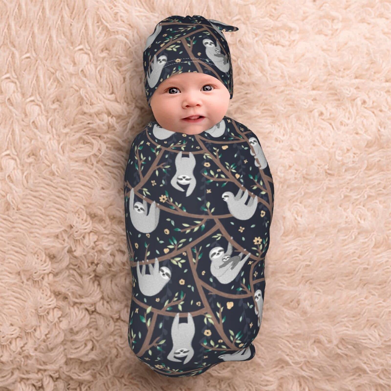 Cute Sloth Baby Stuff Swaddle Blanket Hat Set,Soft and Stretchy Infant Receiving Blanket for Newborn, Swaddle Sack Wrap for Boy/Girl