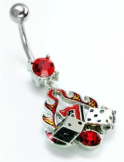Body Accentz Belly Button Ring Navel Lucky 7 Dice Flame Body Jewelry Dangle 14 Gauge