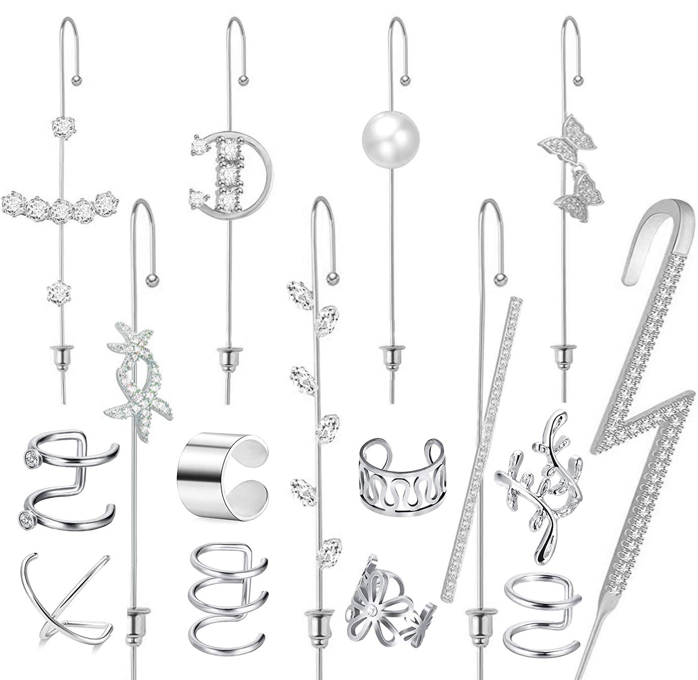 Cocamiky Ear Wrap Crawler Hook Earrings Sparking Cubic Zirconia Earcuffs Silver Climber Piercing Cartilage Hypoallergenic Earrings 16Pcs Set for Women