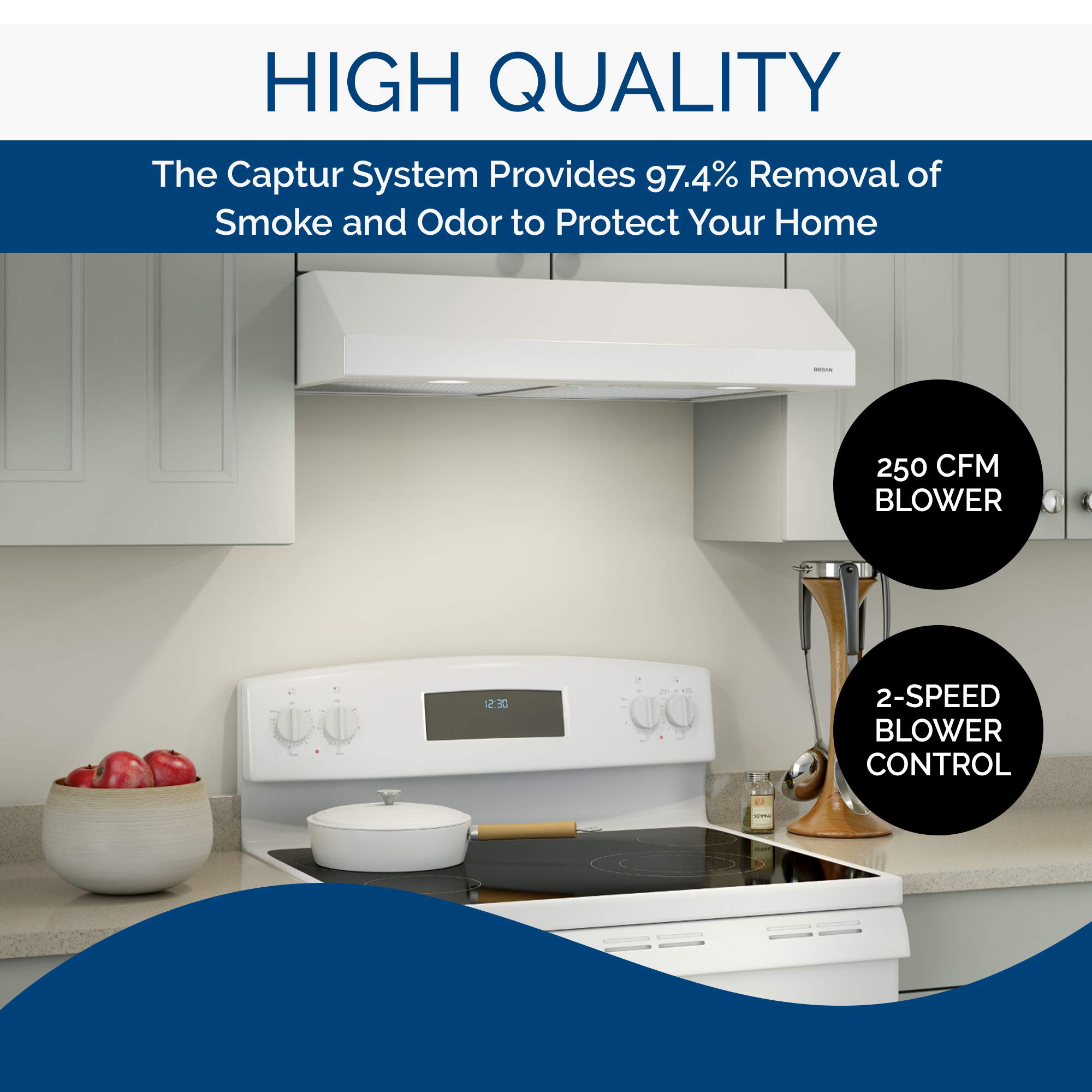 Broan-NuTone BCSD130WW Glacier 30-inch Under-Cabinet 4-Way Convertible Range Hood with 2-Speed Exhaust Fan and Light, 300 Max Blower CFM, White
