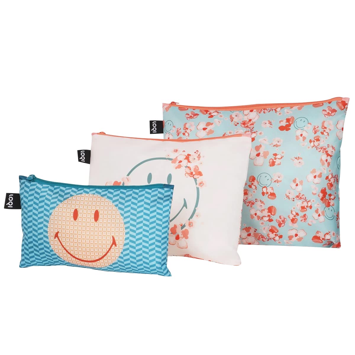 LOQI Artist Smiley Zip Pockets, Set of 3, Blossom & Geometric