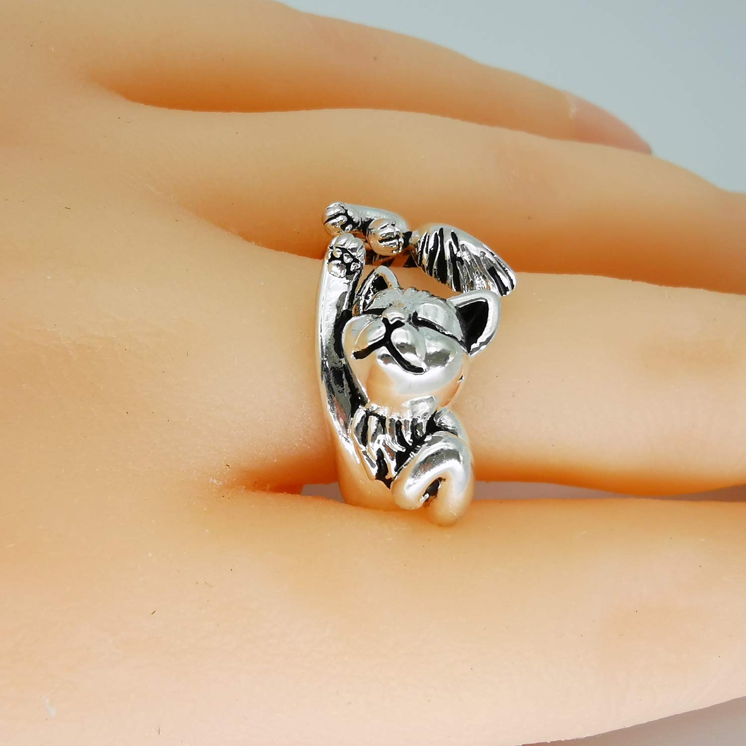 CANEER Cat Ring, plated Silver Cute Animal Adjustable Paws Finger Rings Cat Lovers Gifts for Women
