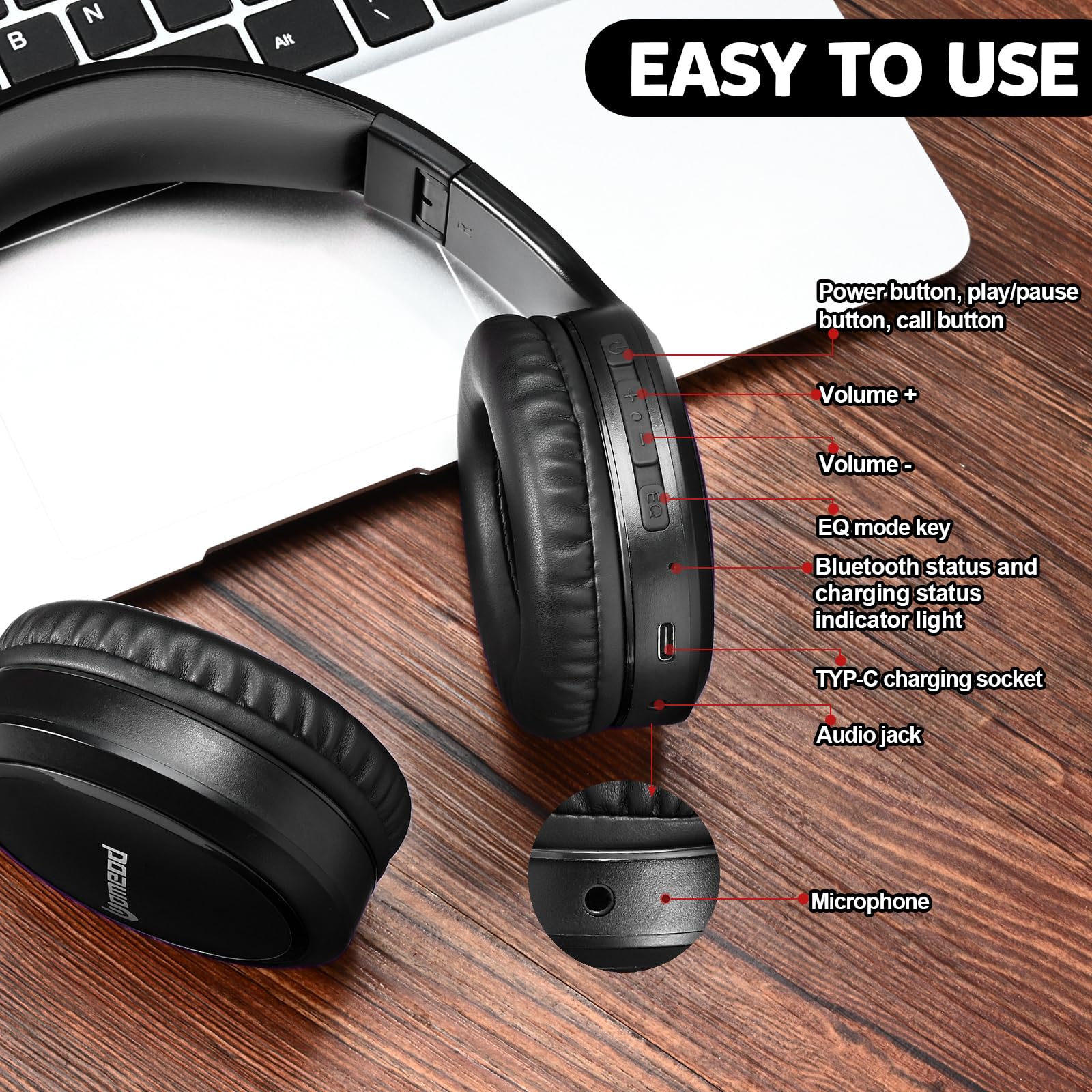 Bluetooth Headphones Over Ear, 70H Playtime and 3 EQ Music Modes Wireless Headphones with Microphone, HiFi Stereo Foldable Lightweight Headset, Deep Bass for Home Office Cellphone PC