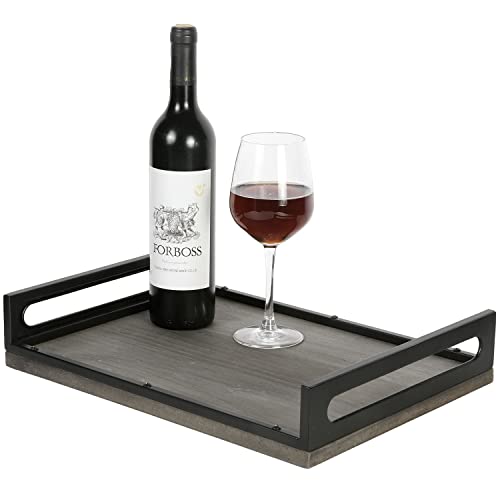 MyGift Large Wood Serving Tray, 16 x 12 Inch Matte Black Metal and Vintage Gray Wooden Party Server Tray, Decorative Ottoman Tray with Cutout Handles