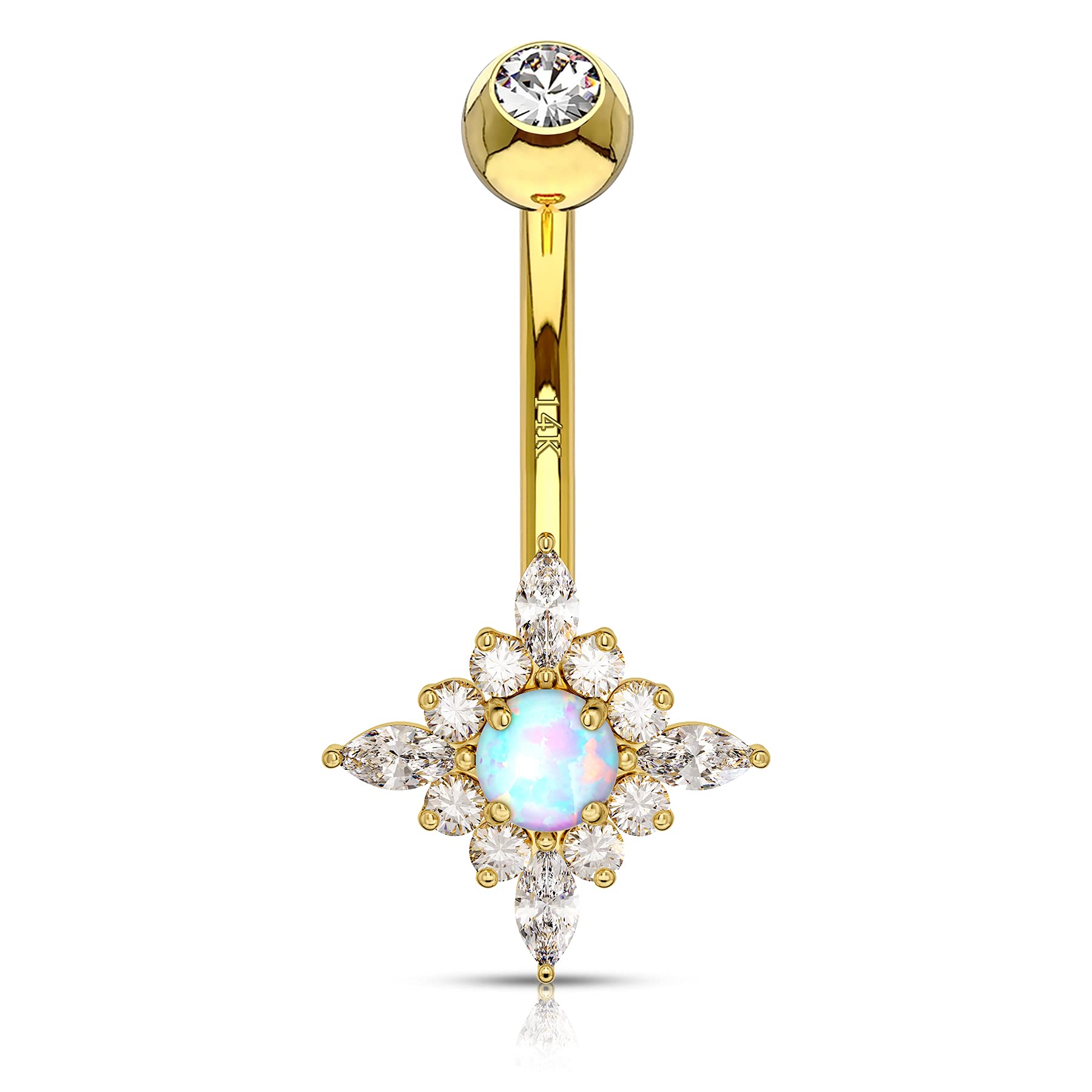 COCHARM 14k Gold Star Belly Rings 14g Diamond and Opal Solid Gold Belly Button Ring Barbell for Women