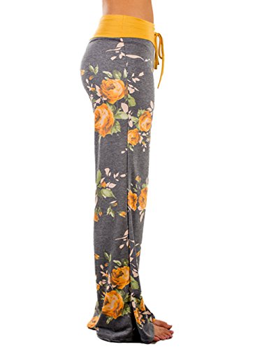 iChunhua Women's Comfy Stretch Floral Print Drawstring Palazzo Wide Leg Lounge Pants(S,Yellow)